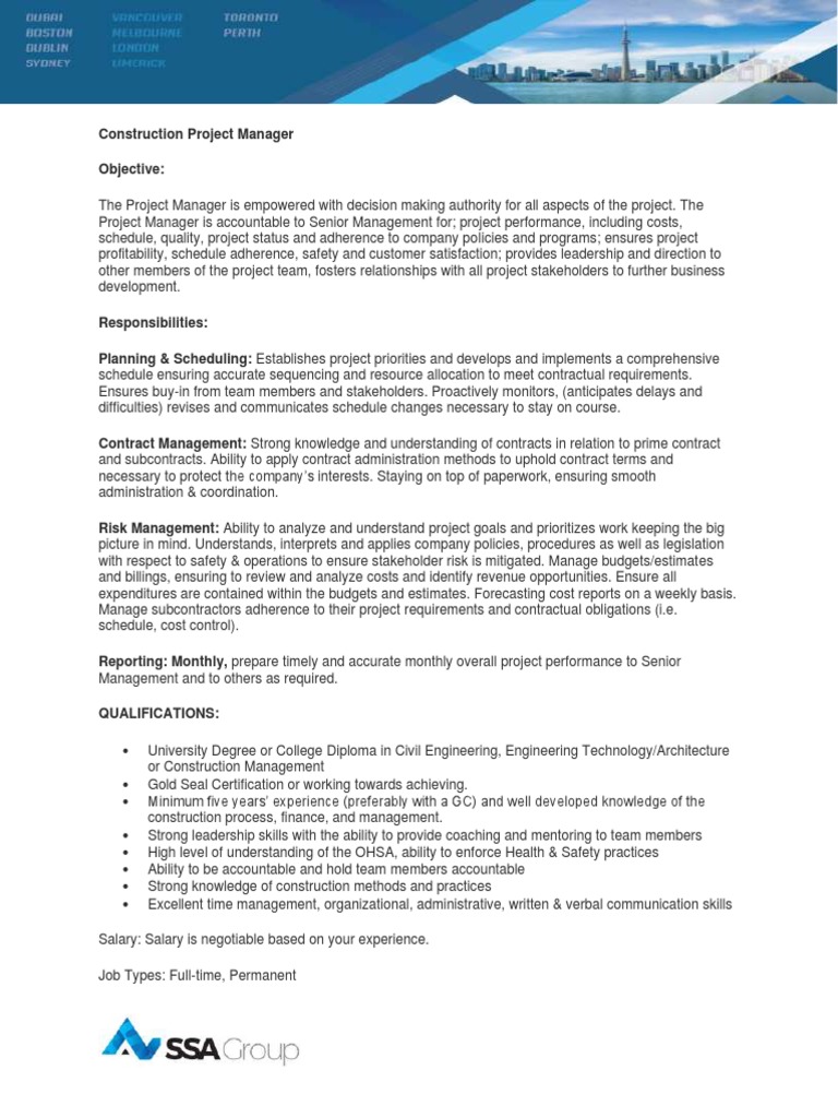 Construction Project Manager JD | PDF | Leadership | Business