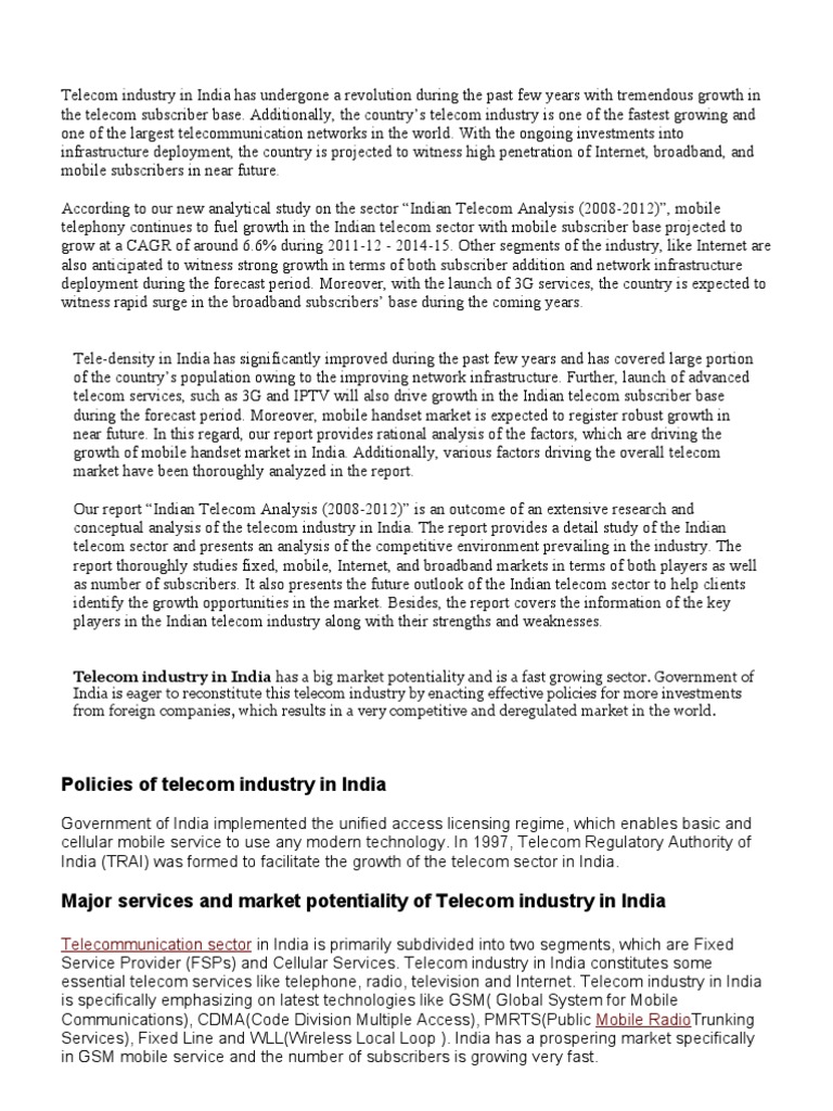 Telecom Industry Analysis | PDF | Telecommunication | Competition