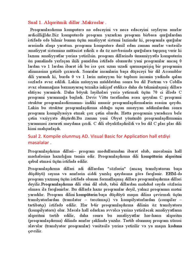 Sual 1. Alqoritmik Dillər .Makroslar .: Kompüterin Alqoritmi | PDF