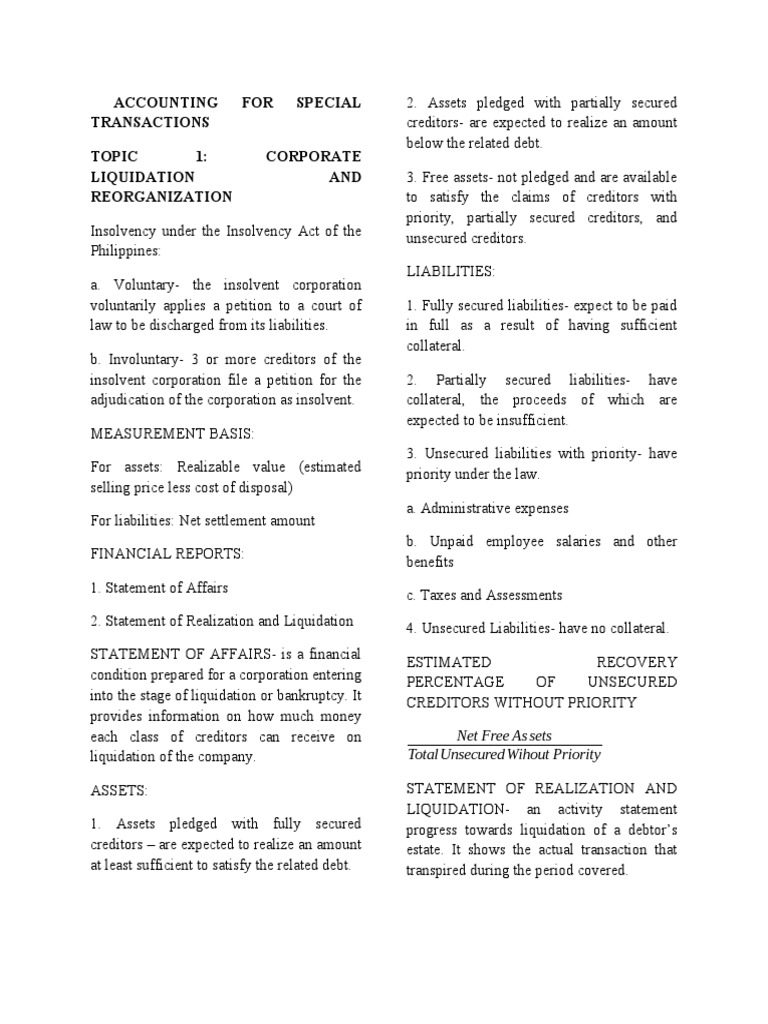 Accounting For Special Transactions Reviewer | PDF | Bankruptcy | Liquidation