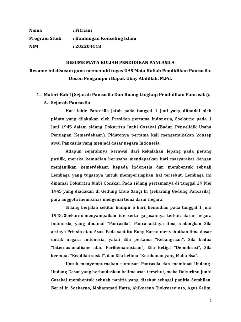 Resume Matkul Pendidikan Pancasila Fitriani OK | PDF