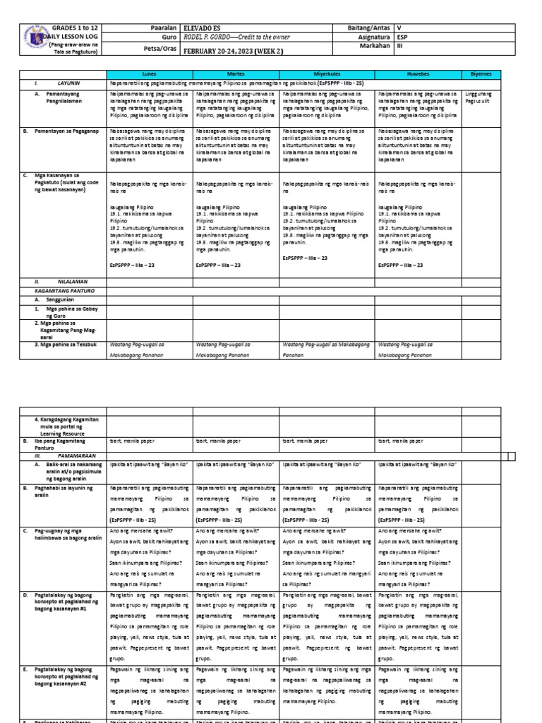 Grade 5 Dll Esp 5 Q3 Week 2 Pdf