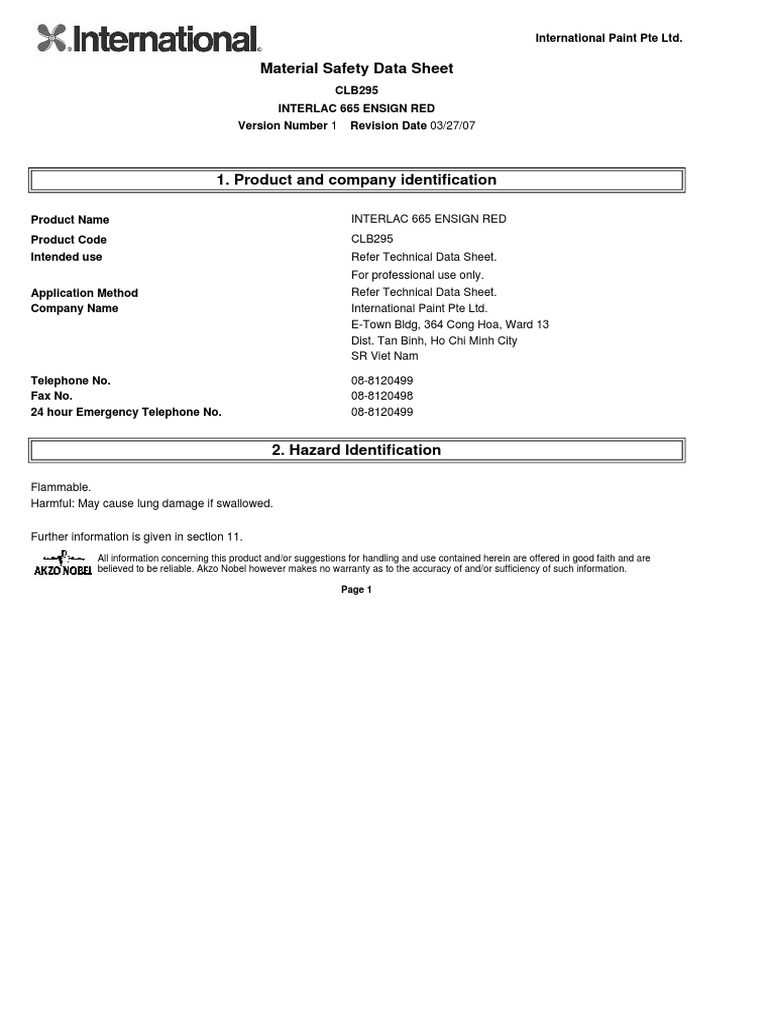 Material Safety Data Sheet: International Paint Pte LTD | PDF | Solvent ...