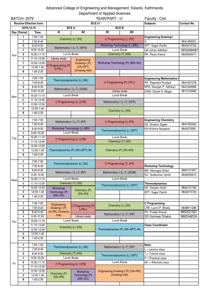 BCE I/I Class Routine for the Academic Year 2079 at the Advanced ...