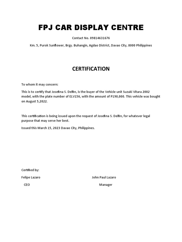 FPJ Car Display Centre: Certification | PDF