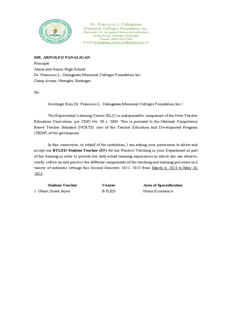 Dr. Francisco L. Calingasan Memorial Colleges Foundation Inc. Letter ...