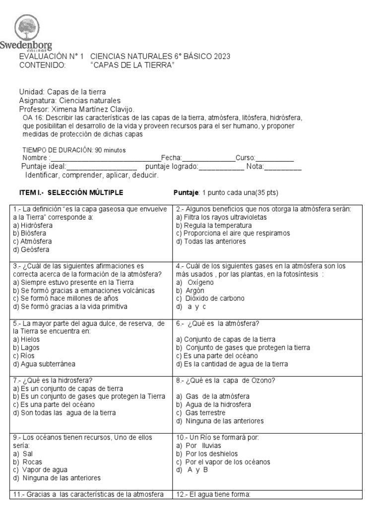 Prueba Ciencias de 6°capas de La Tierra Atmosfera Hidrosfera Litosfera ...