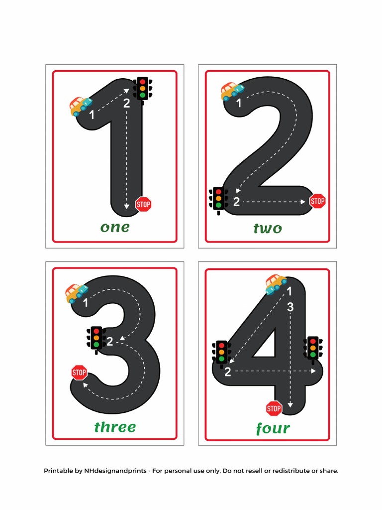 Road Theme Tracing Numbers Flashcards 4 Per Page (Ready To Print) | PDF