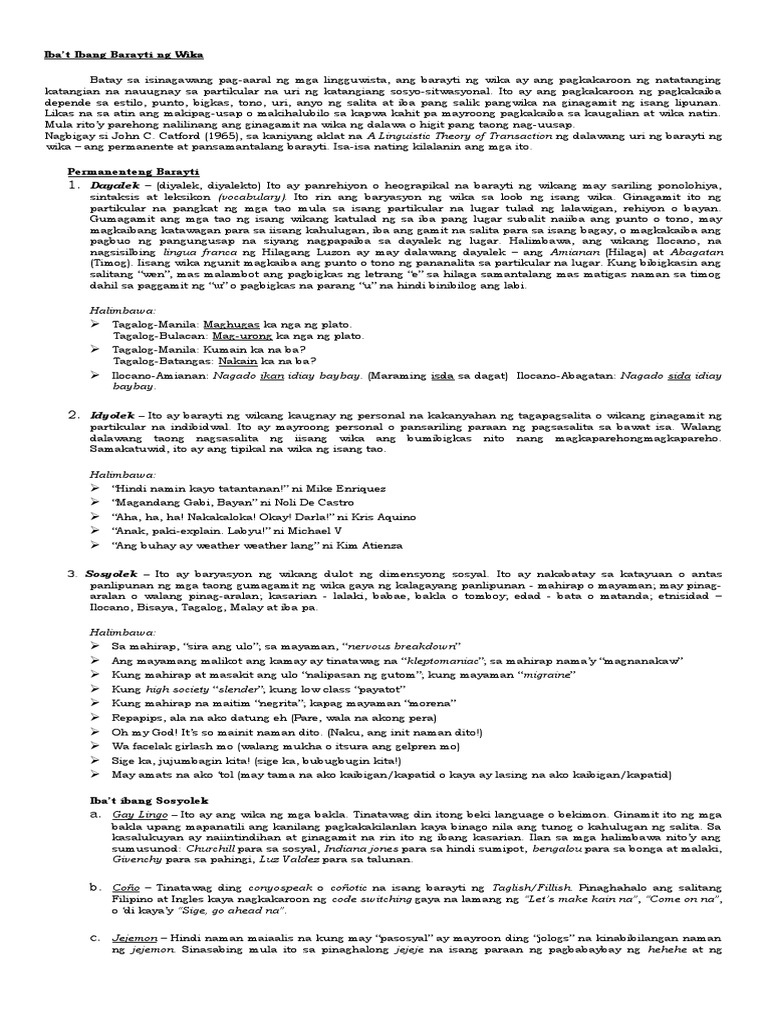 Dayalek - (Diyalek, Diyalekto) Ito Ay Panrehiyon o Heograpikal Na Barayti NG Wikang May Sariling ...