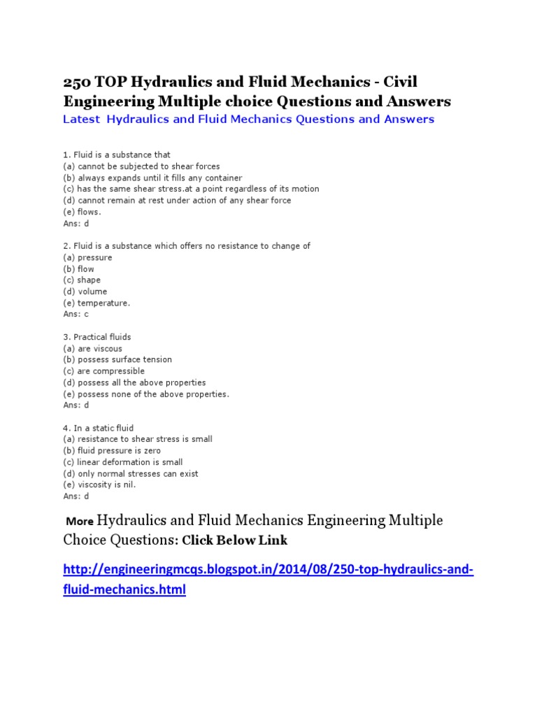 Hydraulics and Fluid Mechanics Engineering Multiple Choice Questions ...