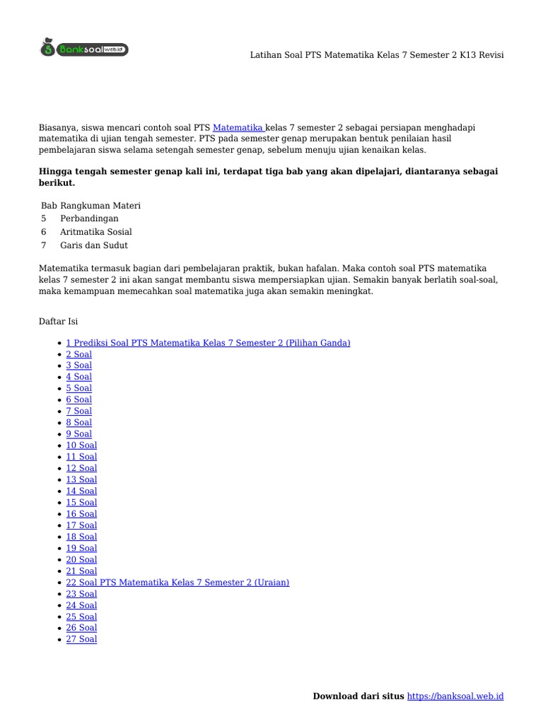 Latihan Soal PTS Matematika Kelas 7 Semester 2 K13 Revisi | PDF
