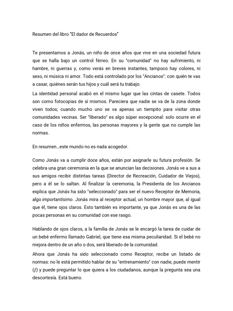Resumen Del Libro "El Dador de Recuerdos" | PDF