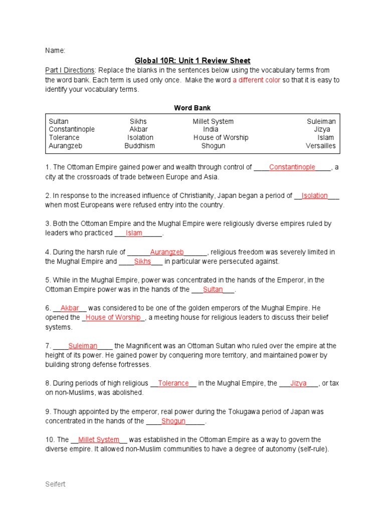 G10R Unit 1 Review Sheet | PDF | Mughal Empire | Ottoman Empire