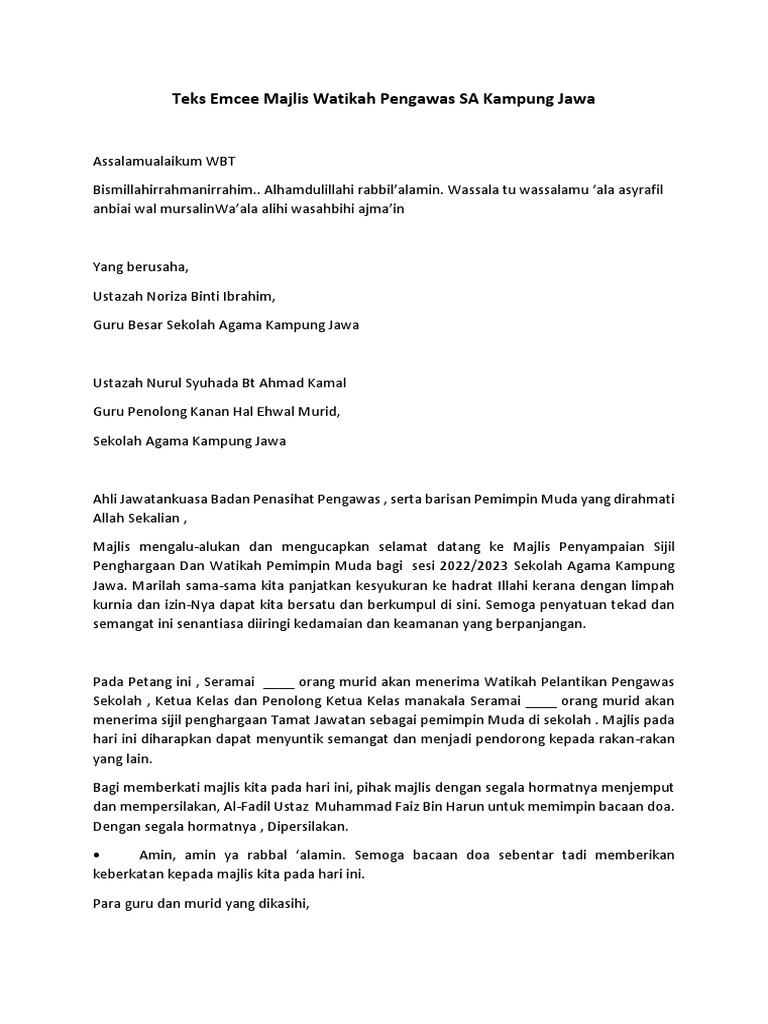 Teks Emcee Majlis Watikah Pengawas SA Kampung Jawa | PDF