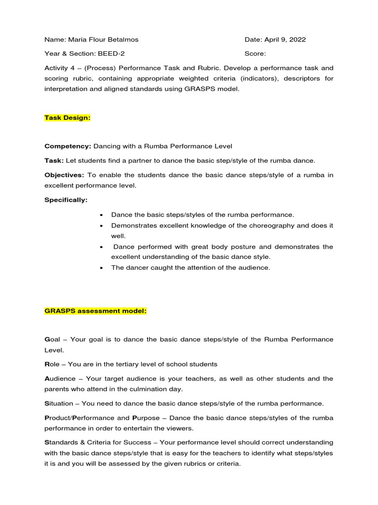 Rumba Dance Performance Task Rubric | PDF | Dances | Rubric (Academic)