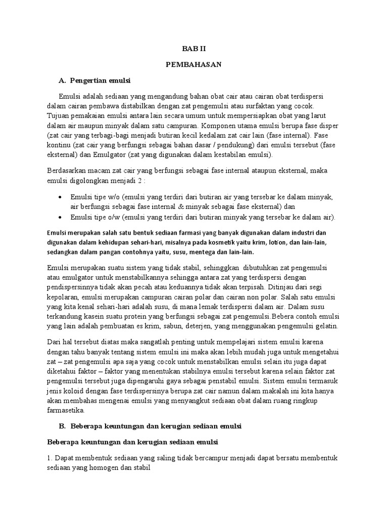 Bab Ii Pembahasan A. Pengertian Emulsi | PDF