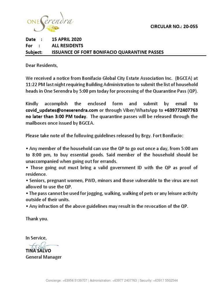 Circular No. 20-055 Issuance of Fort Bonifacio Quarantine Pass | PDF
