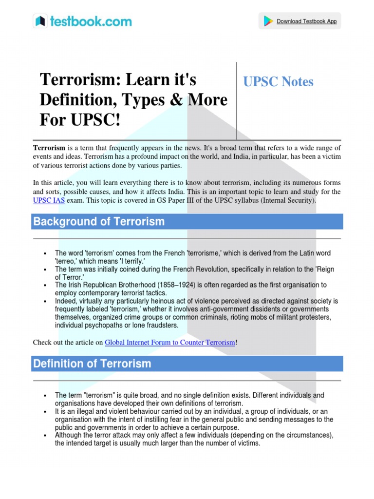 Terrorism: Learn It's Definition, Types & More For UPSC! | PDF ...