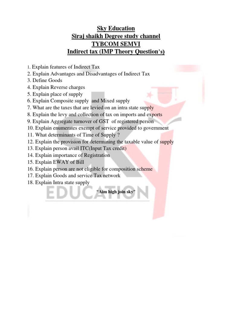 Indirect Tax Imp Theory Question's | PDF