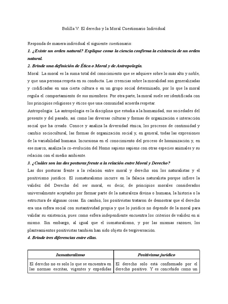 Bolilla V - El Derecho y La Moral Cuestionario Individual | PDF | Moralidad | La Ley natural