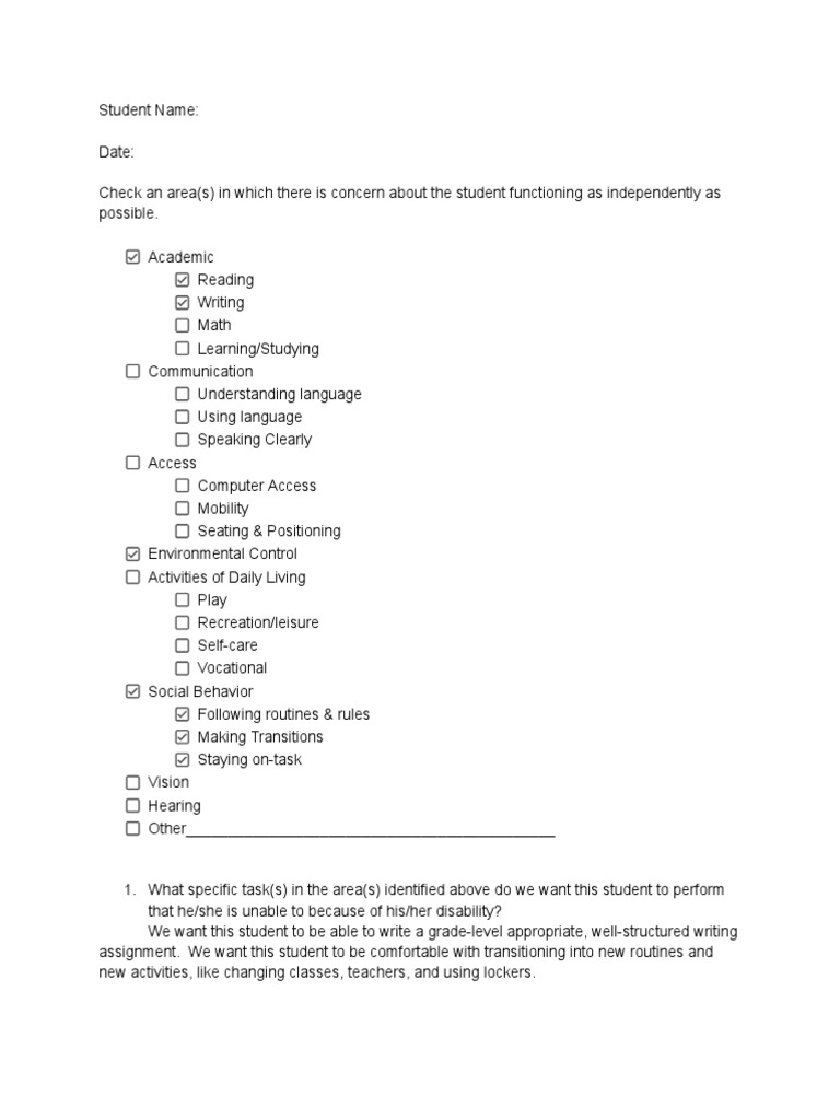 Ocali Consideration For at Checklist | PDF | Individualized Education Program | Behavior ...