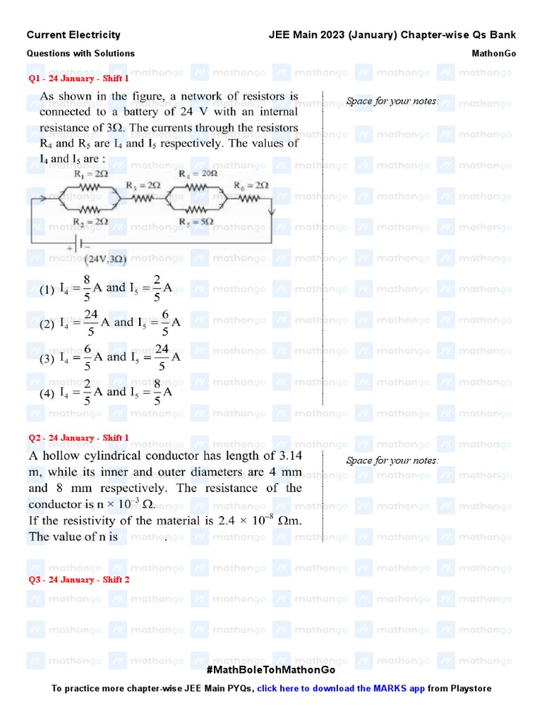 Current Electricity - JEE Main 2023 January Chapter Wise Questions by MathonGo | PDF