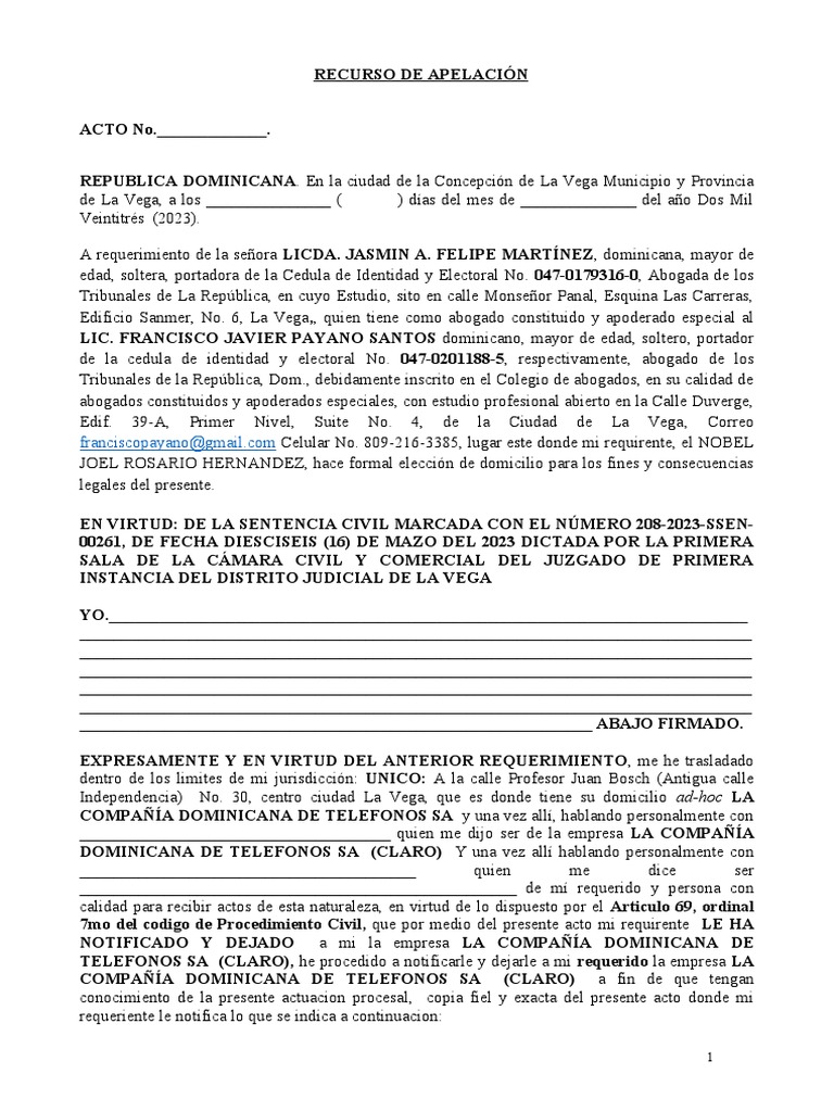 Modelo Recurso de Apelacion Civil | Descargar gratis PDF | Sentencia (ley) | Pagos