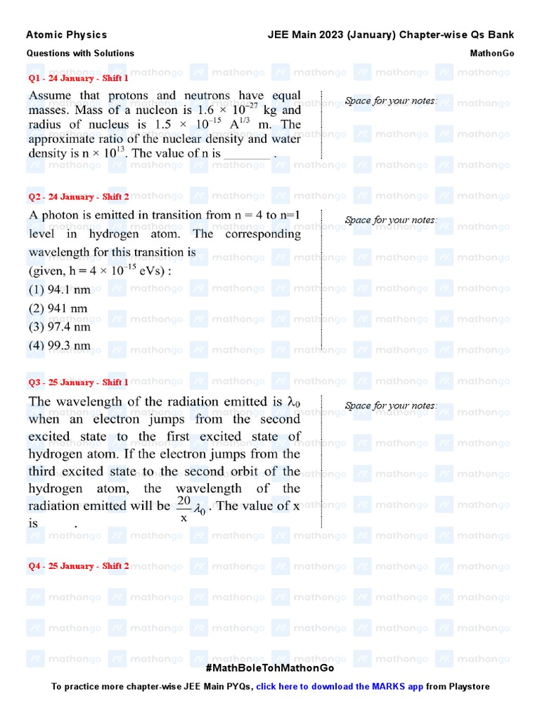 Atomic Physics - JEE Main 2023 January Chapter Wise Questions by MathonGo | PDF