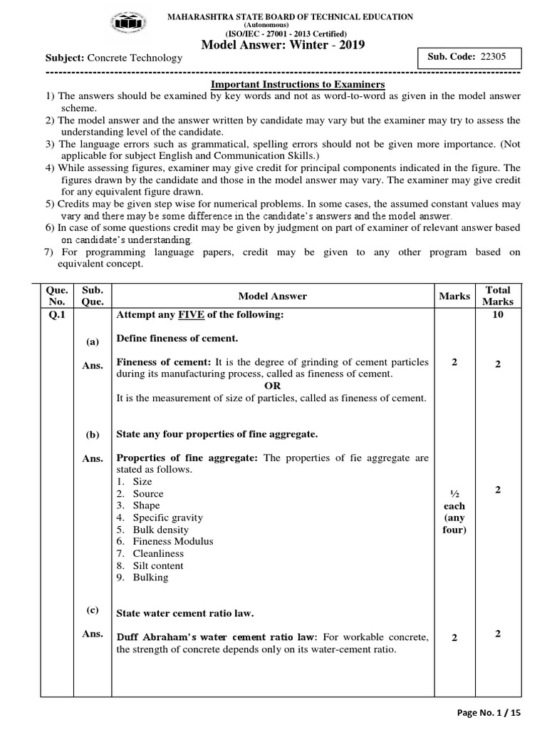 Model Answer Winter 2019 | PDF | Concrete | Materials