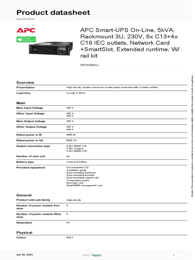 APC Smart-UPS 5kVA Rackmount Datasheet | PDF | Mains Electricity ...