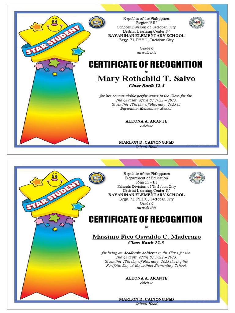 Certificate of Recognition - Bayanihan Elem School - Grade Vi | PDF