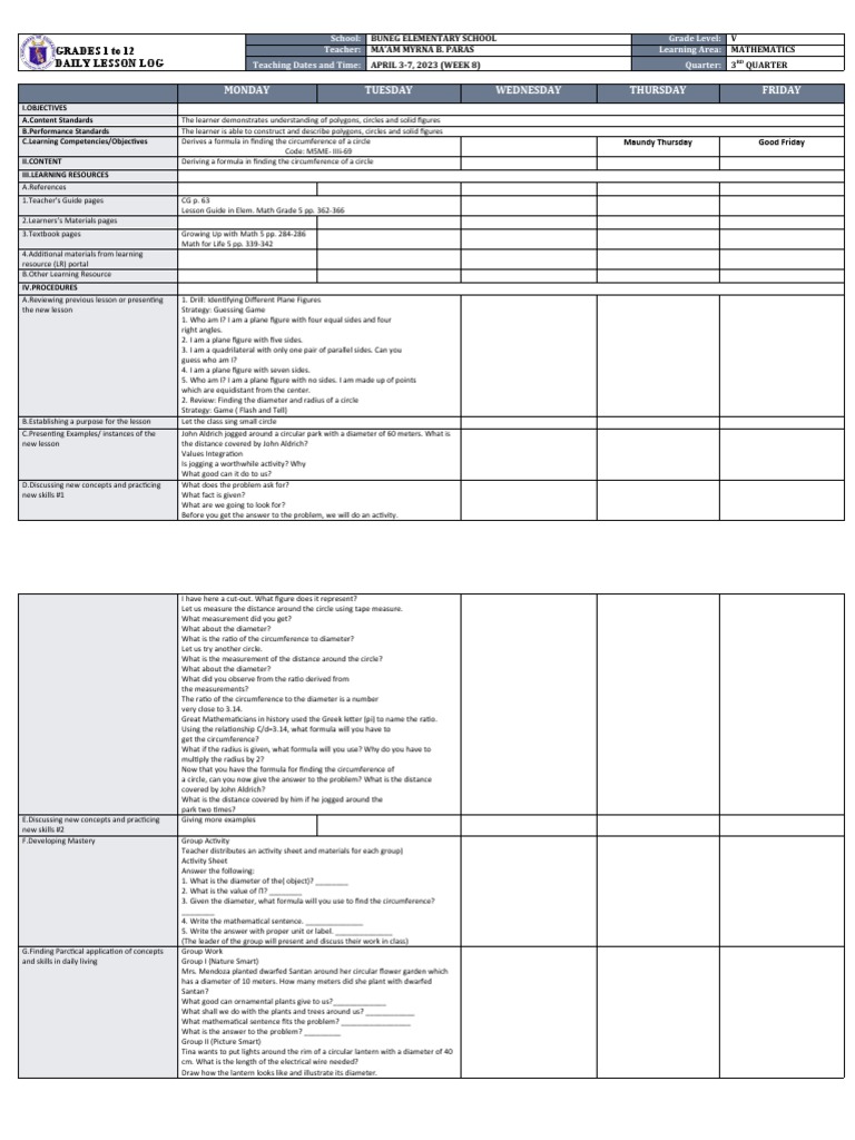 DLL - Mathematics 5 - Q3 - W8 | PDF | Circle | Differentiated Instruction