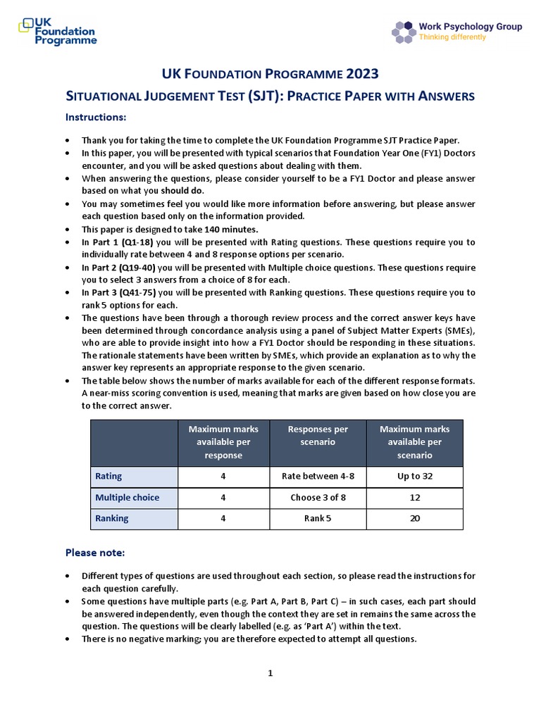 UK F P 2023 S J T (SJT) : P P A: Oundation Rogramme Ituational Udgement ...