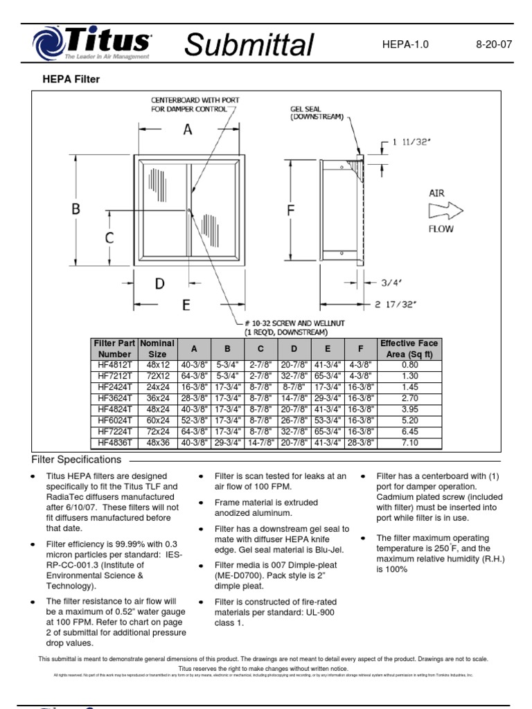 HEPA-1.0 HEPA Filter Specifications and Pressure Drop Values | PDF ...
