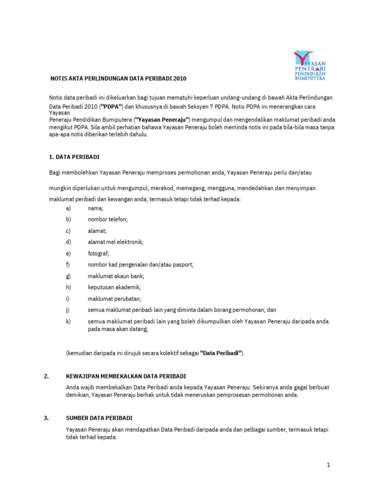 Notis Akta Perlindungan Data Peribadi 2010 | PDF