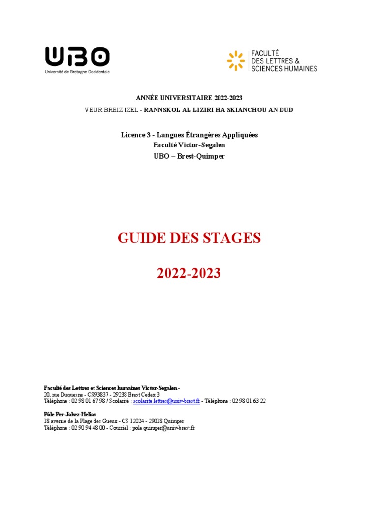 Guide Des Stages 2022-2023: Licence 3 - Langues Étrangères Appliquées Faculté Victor-Segalen UBO ...