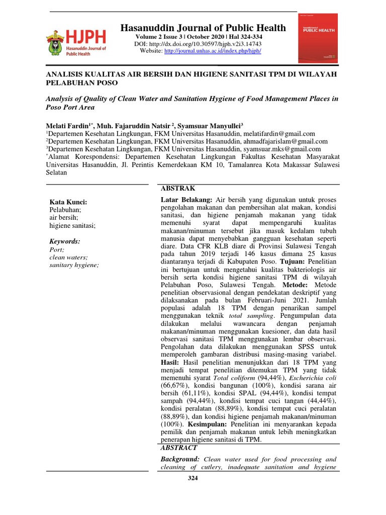 Analisis Kualitas Air Bersih Dan Higiene Sanitasi Tpmdi Wilayah Pelabuhan Poso | PDF | Kesehatan ...