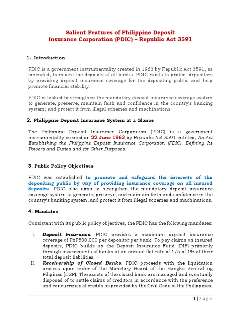 Salient Features of Philippine Deposit Insurance Corporation (PDIC ...
