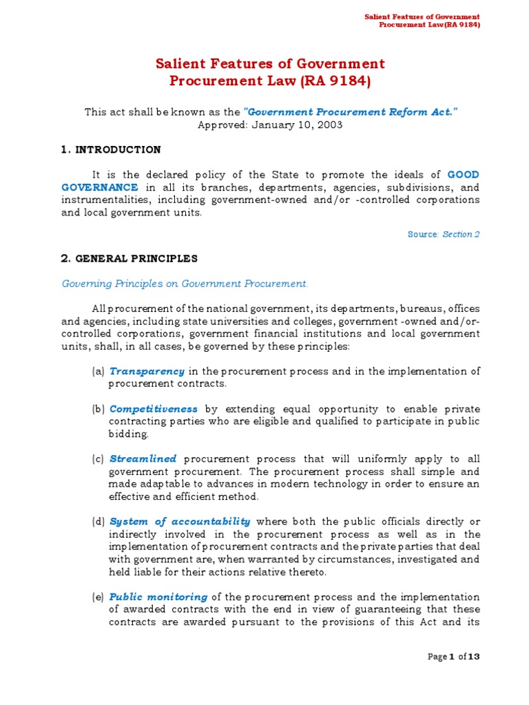 Salient Features of Government Procurement Law (RA 9184) | PDF ...