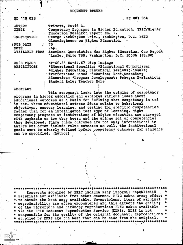 David Trivett - Competency Programs in Higher Education - 1975 | PDF ...