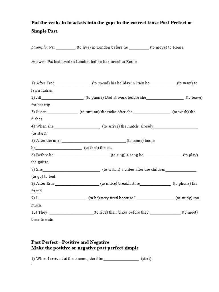 Put The Verbs in Brackets Into The Gaps in The Correct Tense Past Perfect or Simple Past | PDF ...