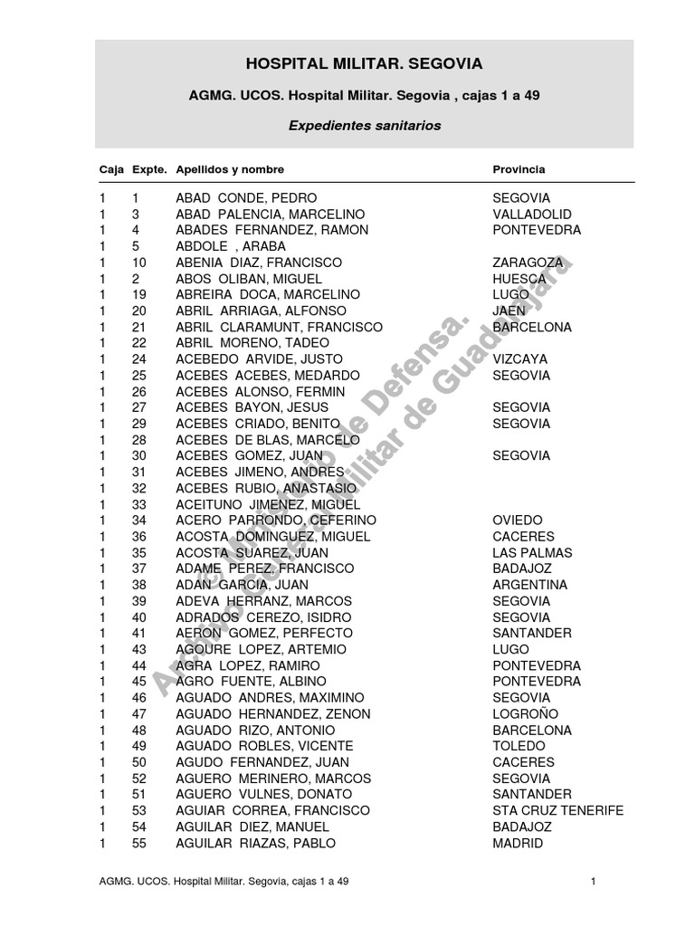 AGMG. UCOS. Hospital Militar. Segovia, Cajas 1 A 49 | PDF