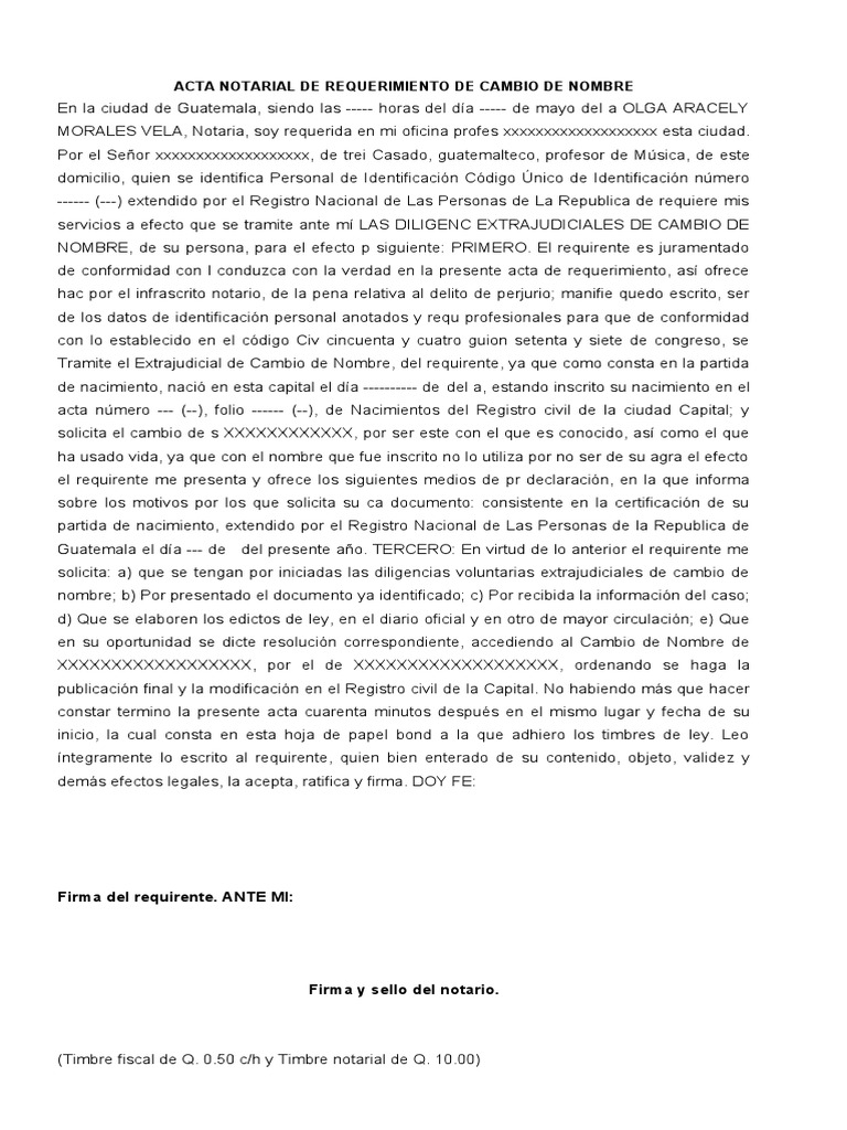 Acta Notarial De Requerimiento De Cambio De Nombre Firma Del