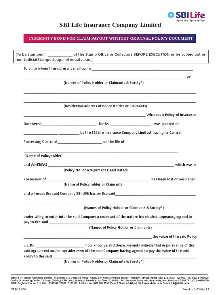 SBI Life Indemnity Bond for Claims | PDF | Insurance | Financial Risk