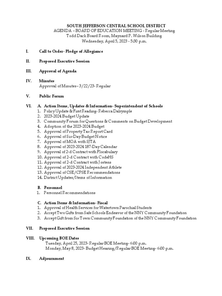 South Jefferson Central School District BOE Agenda April 5, 2023 | PDF