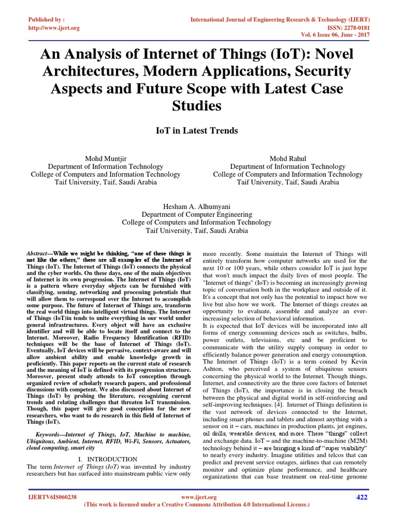 An Analysis of Internet of Things (Iot) : Novel Architectures, Modern Applications, Security ...