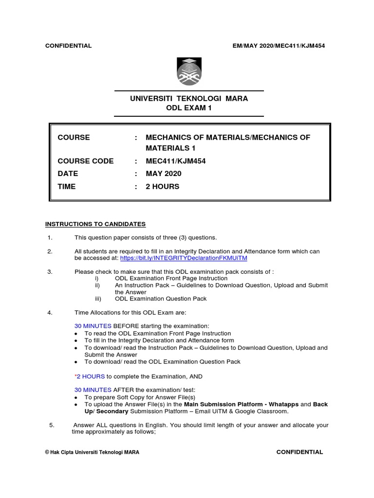 MEC411 ODL 1 Exam Q May - 2020 | PDF | Stress (Mechanics) | Mechanical ...