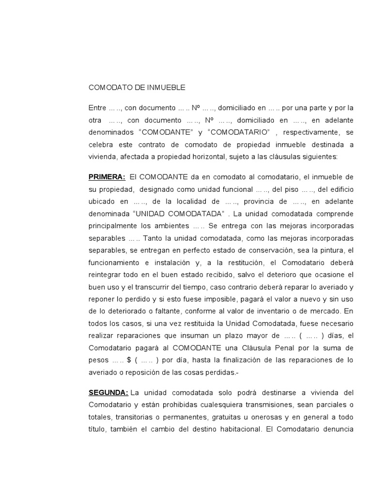 Modelo de contrato de Comodato de Inmueble | PDF | Gobierno | Ley común