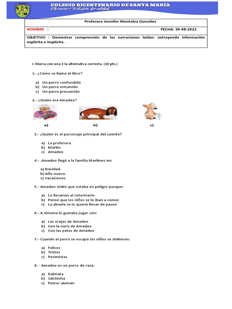 Prueba de comprensión: Un perro confundido | PDF