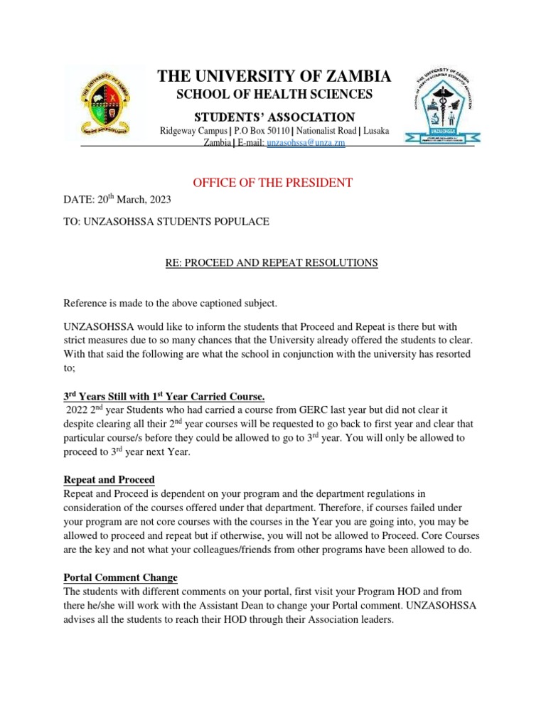 UNZA Repeat Course Guidelines 2023 | PDF